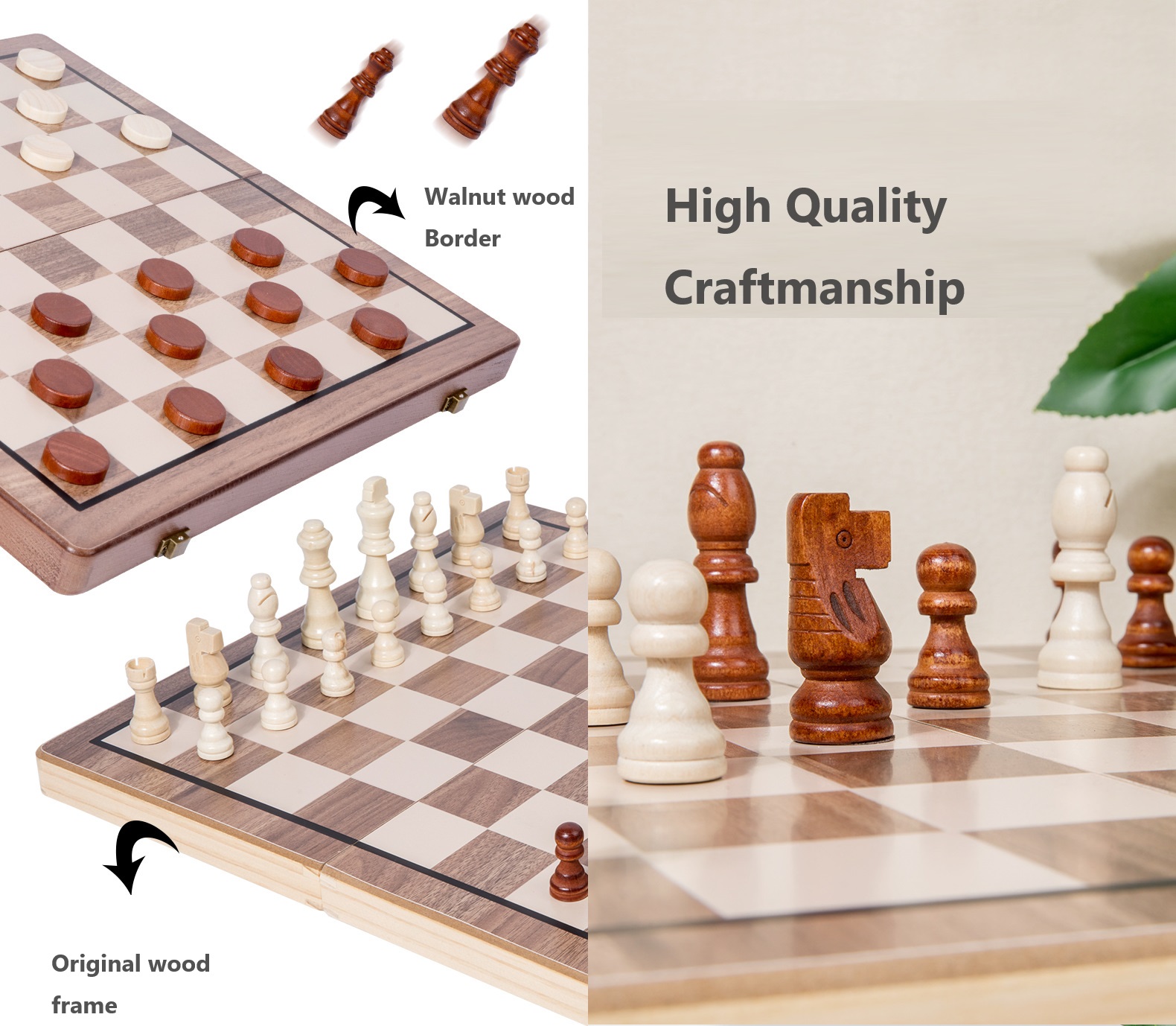 39cm Wooden Chess Set 2-in-1 With Checkers Tournament Premium Quality ...