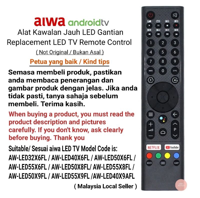 aiwa / infinix android Smart LED TV Replacement Remote Control With YouTube NETEFlX | Shopee ...