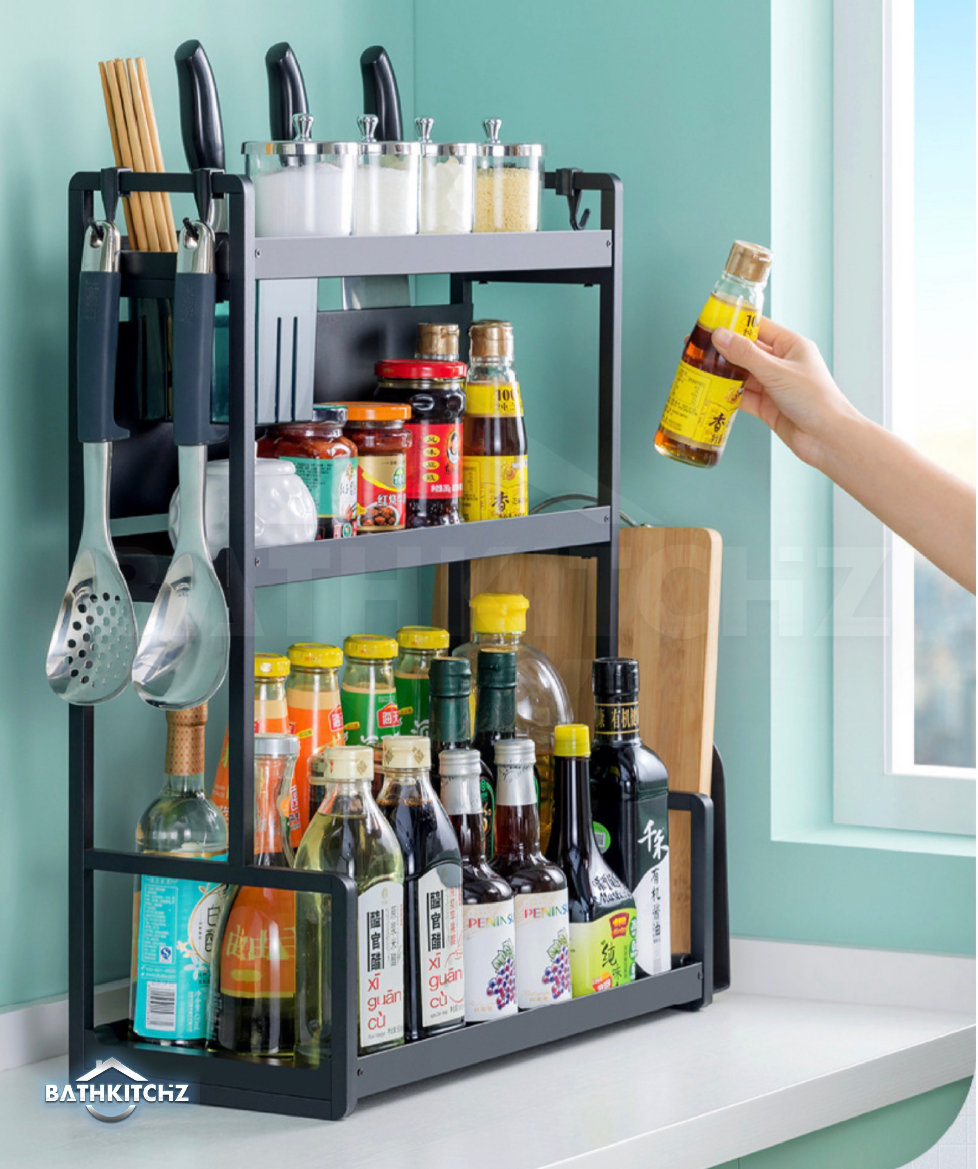 BATHKITCHZ Black Sauce Rack Storage Shelves Kitchen Racks Kitchen ...