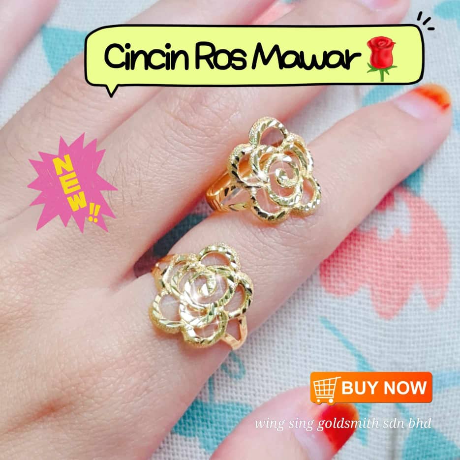 Wing Sing Cincin Ros Mawar Bajet Tulen Original Emas 916 916 Gold Fashion Budget Rose Ring 玫瑰戒指 ...