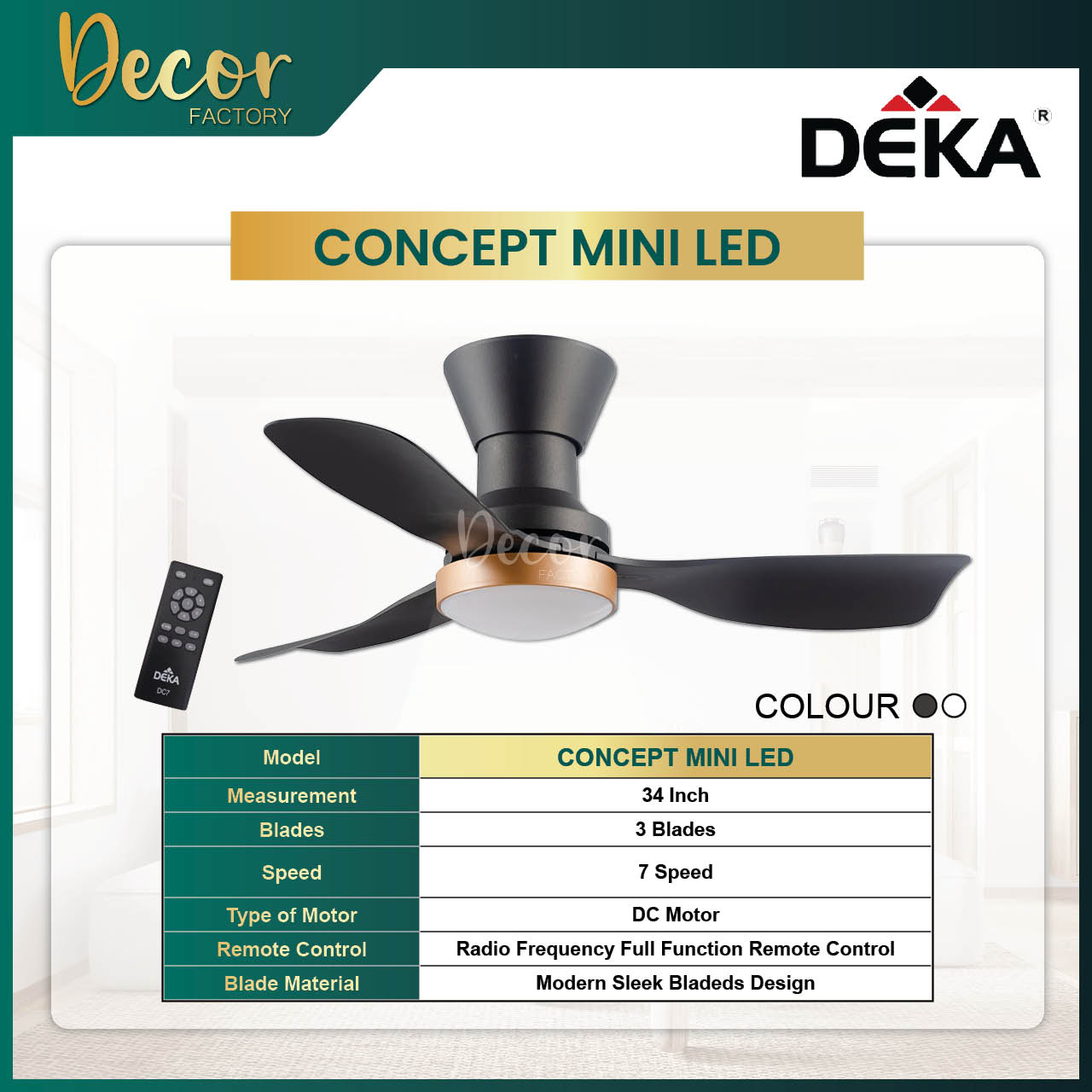 DEKA Fan DEKA CONCEPT MINI LED 34" 3 Blades 14 Speed DC Motor Remote ...