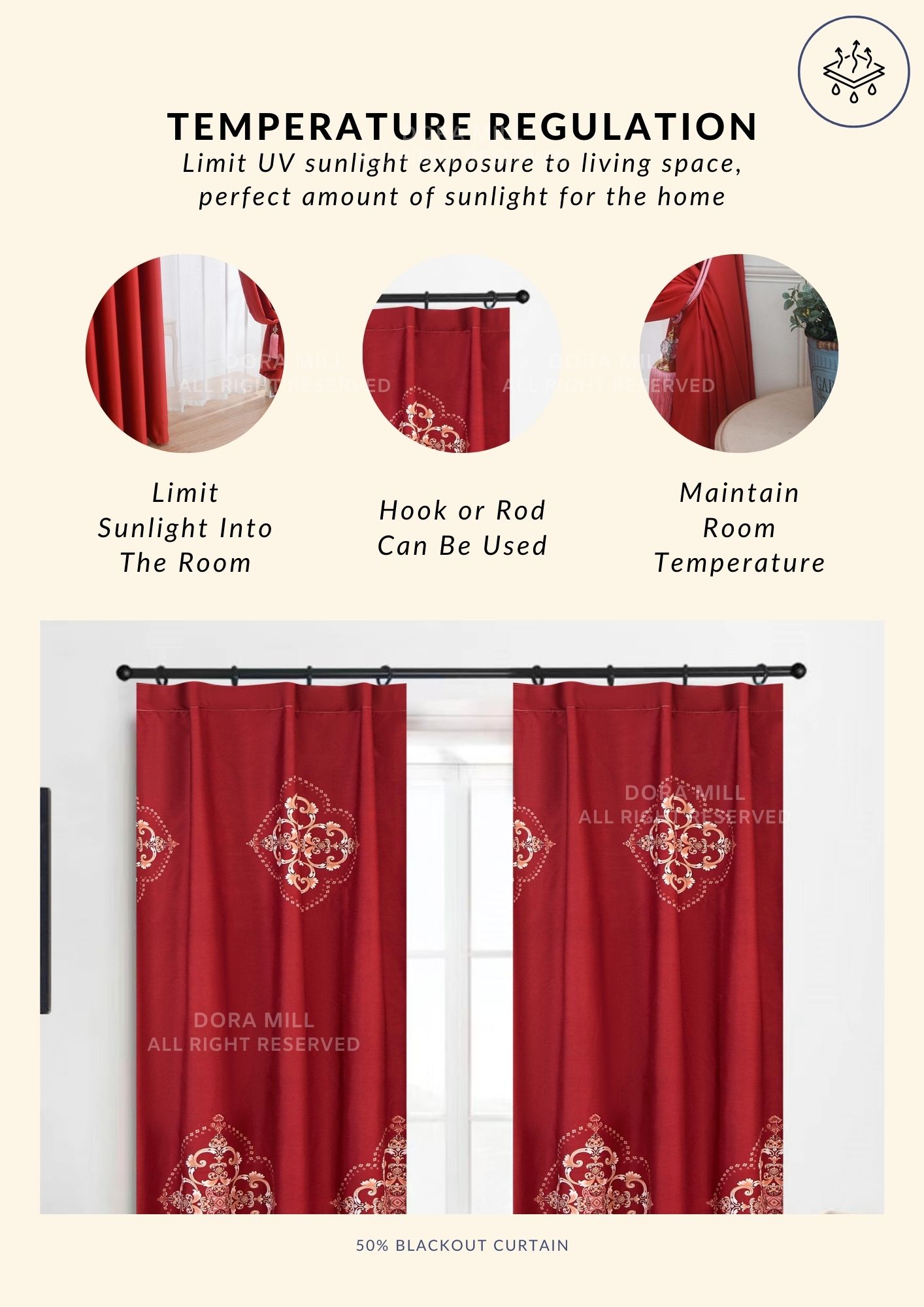 DORAMILL Curtain Langsir Semi Blackout 2in1 Hook & Rod Langsir Pintu ...