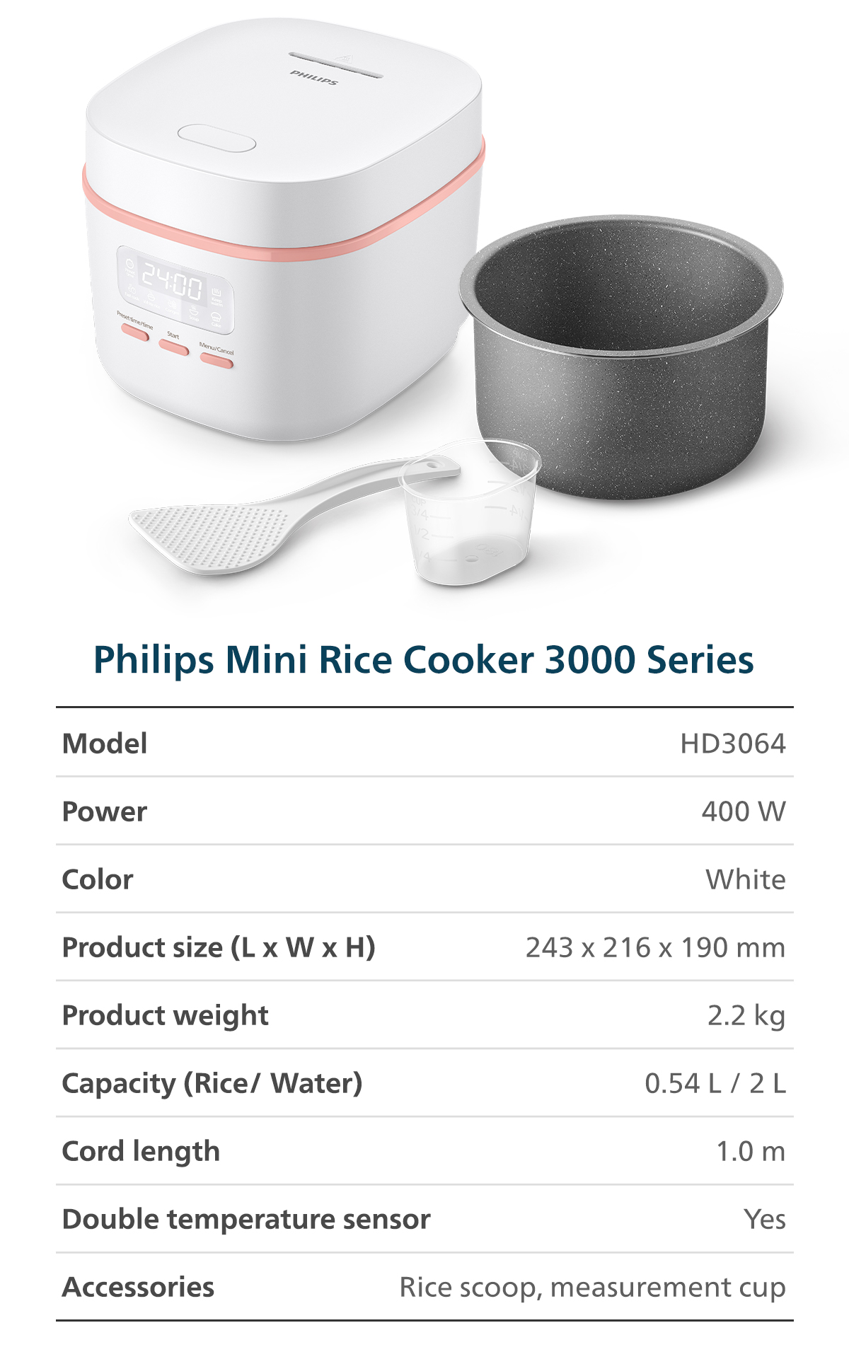 Philips 3000 Series Mini Rice Cooker - White (0.54L) HD3064/62/HD3064 ...