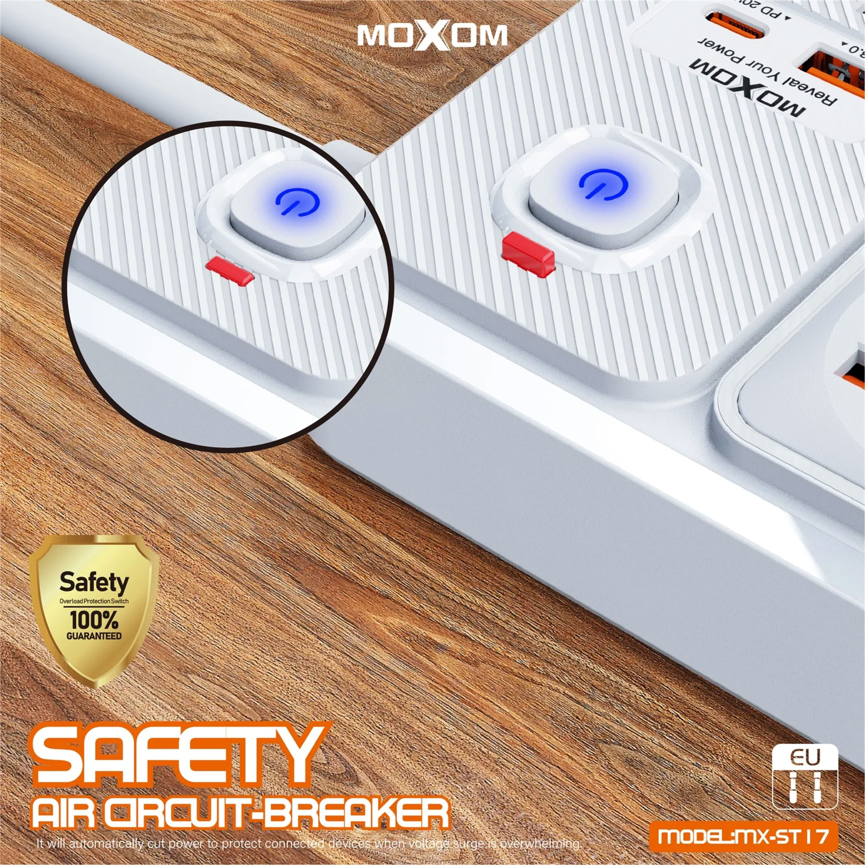 MOXOM MX-ST15 EXTENSION 4 POWER SOCKET + 7 USB + 1PD 20W USB C QC 18W ...