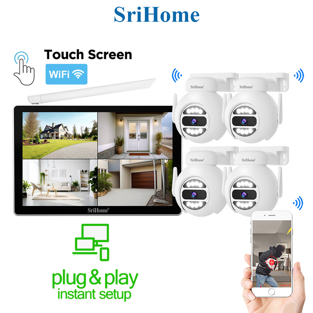 5MP SriHome NVR WiFi Touch Screen Monitor + 4pc 2K PTZ Camera Night ...