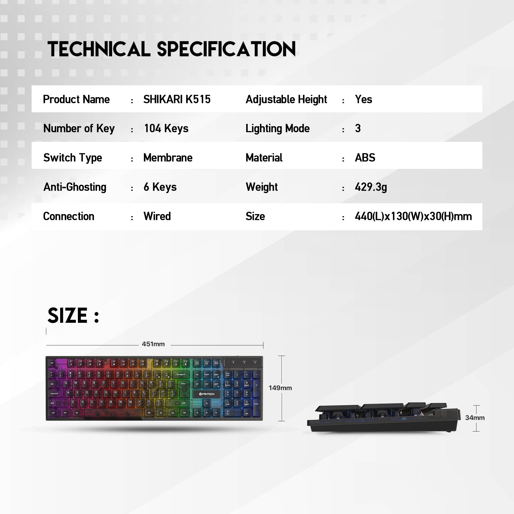 Fantech K515 K515S Shikari Transparent Black Wired Membrane Keyboard RGB Backlit for Gaming ...