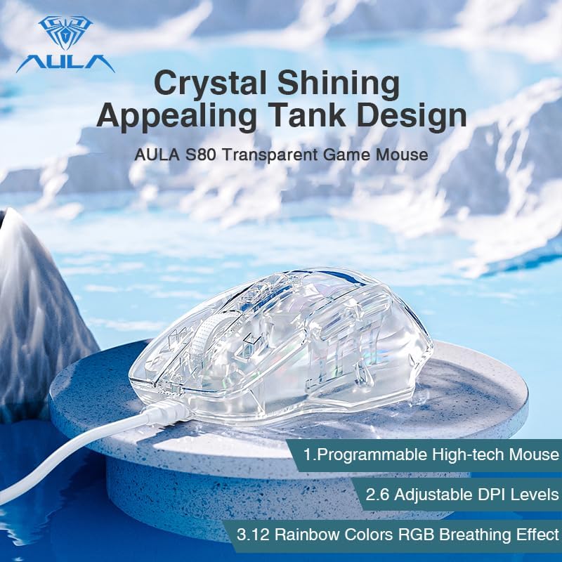 【NEW】 AULA S80 Wired Gaming Mouse RGB Transparent Ergonomic 7200DPI ...