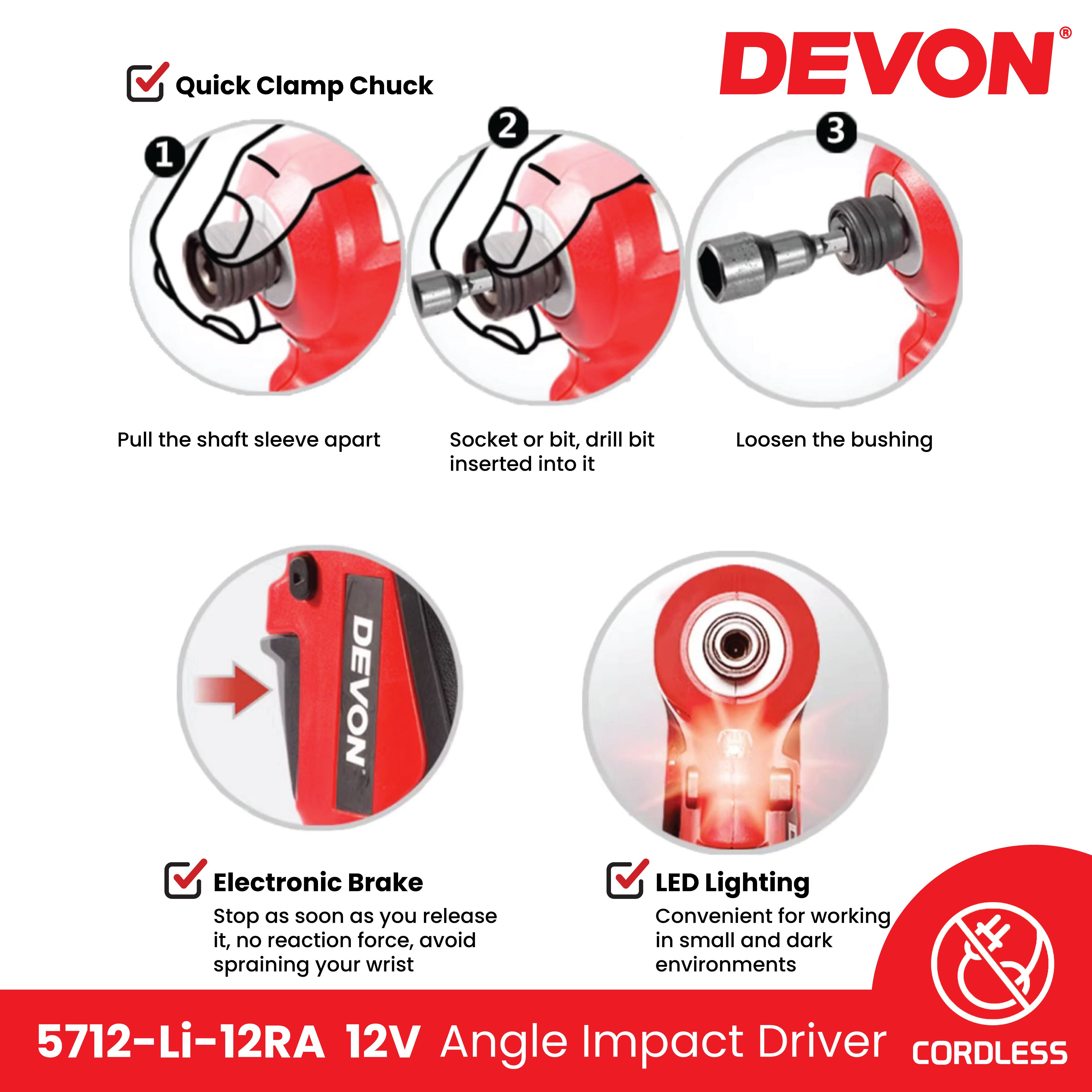 DEVON 5712-Li-12RA 12V Lithium-Ion Cordless Angle Impact Driver 1/4 ...