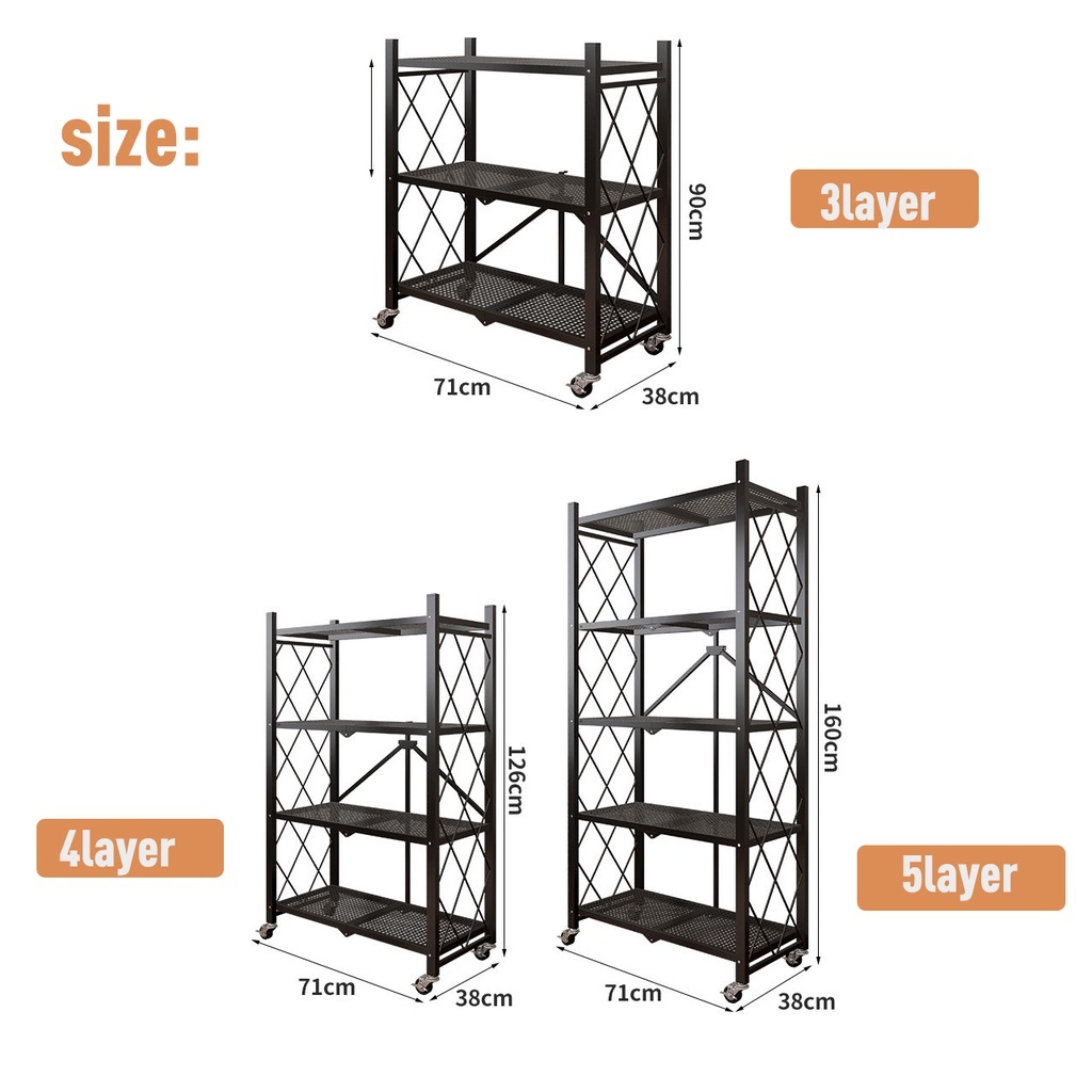 3 / 4 / 5 Tier Foldable Kitchen Rack Shelves with Wheels Moveable ...