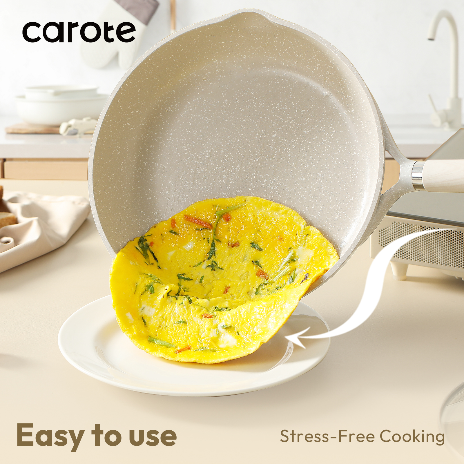 CAROTE Non Stick Frying Pan Cooking Egg Flat Pan Kawali Wok Die-Cast ...