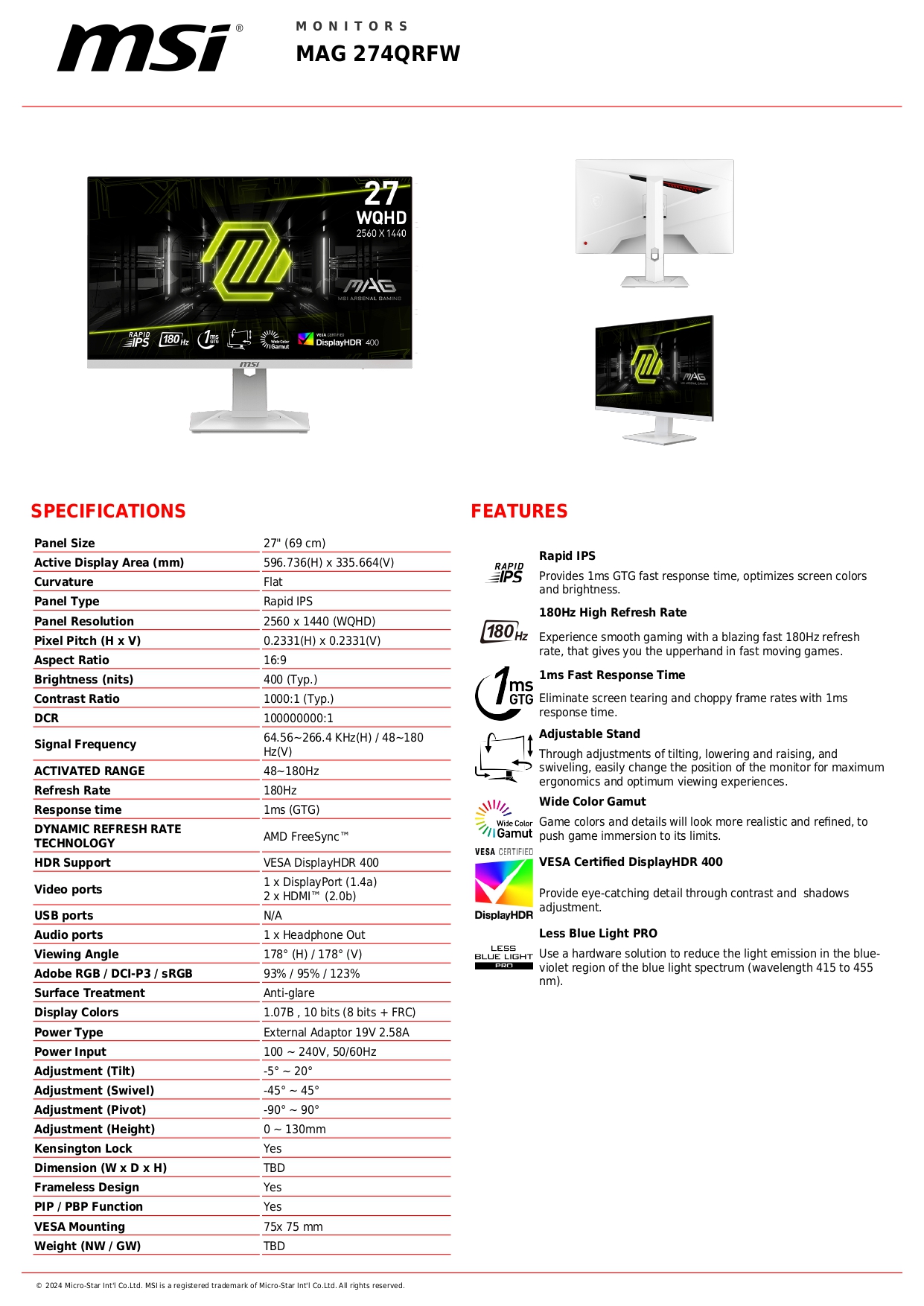 MSI MAG 274QRFW GAMING MONITOR ( 27" WQHD / 180Hz / RAPIS IPS / 1MS GTG ...