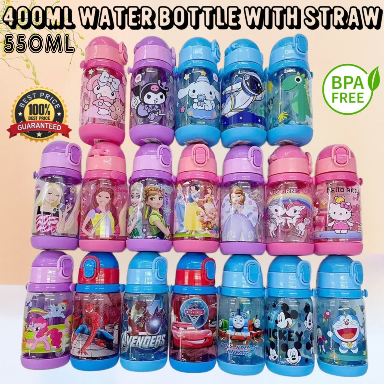 400ml 550ml Kids Cartoon Water Bottle Straw Drinking Bottle BPA Free Botol Air Kanak Drinking ...