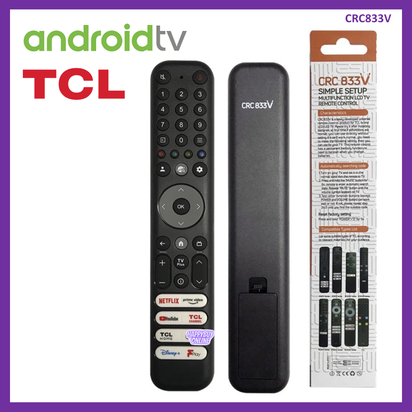 Compatible for TCL 4K QLED Smart Android TV Remote Control CRC833V ...