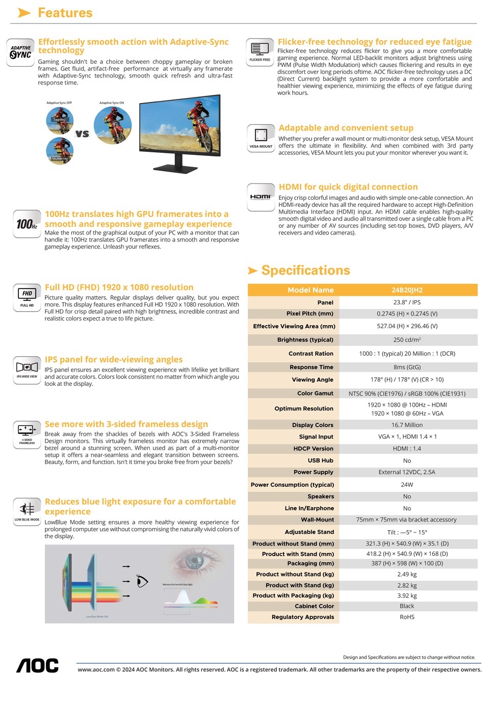 AOC 23.8" 24B20JH2 / 24B15H2 IPS 8ms 100Hz / 24B20JH3 IPS 1ms 120Hz ...