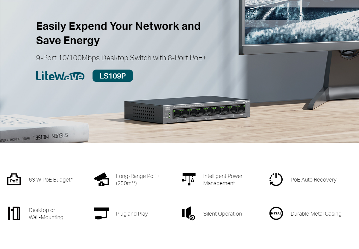 TP-Link LS109P 9 Port 63W with 8-Port PoE LiteWave 10/100Mbps Desktop LAN Switch Steel Housing ...