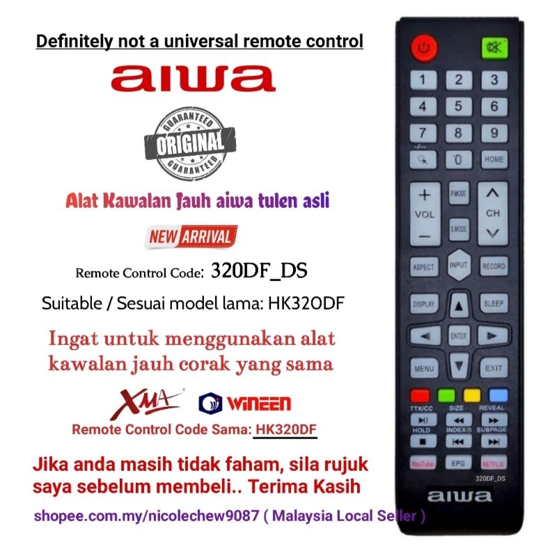 Original / Asal aiwa Smart LED TV Remote Control 320DF_DS OR HK320DF Sesuai Xma | Shopee Malaysia