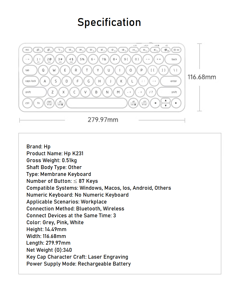 HP K231 DUAL MODE WIRELESS BLUETOOTH + 2.4GHZ RECHARGEABLE KEYBOARD FOR ...