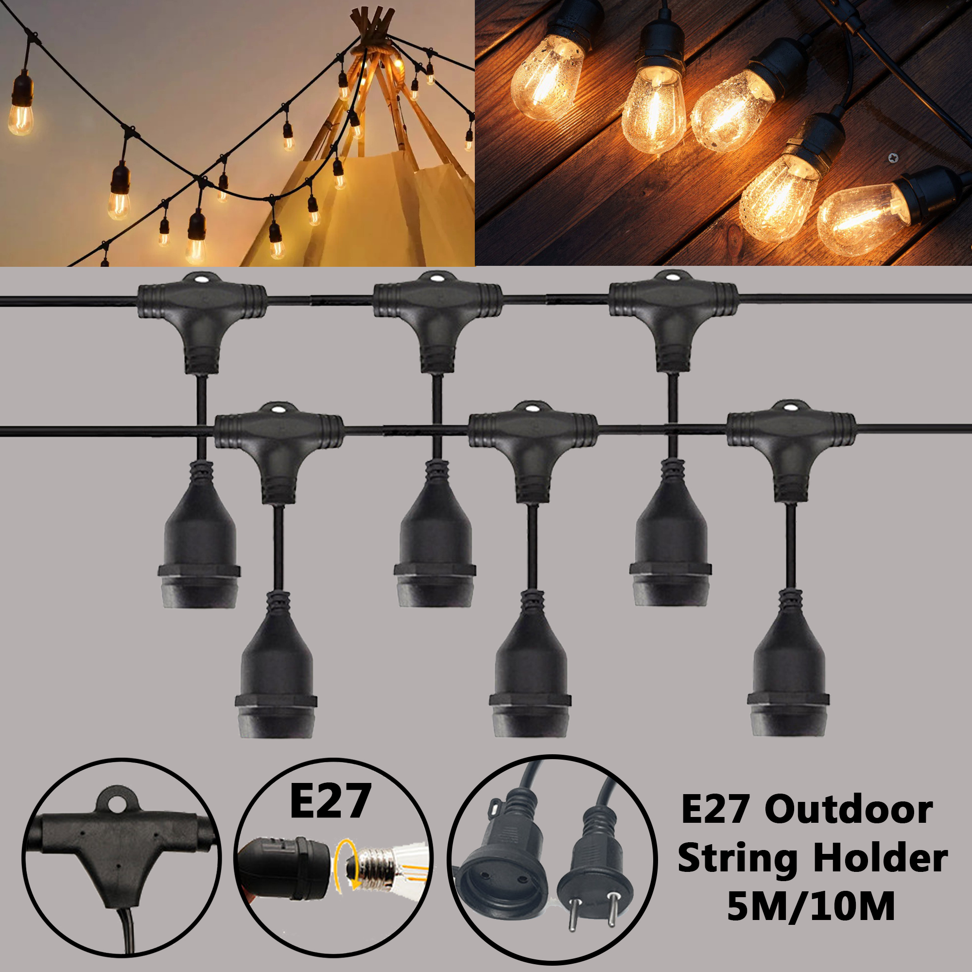 3H 5M/10M Lampu Gantung Berbilang Tali E27 Pemegang Mentol Kalis Cuaca Outdoor Wedge Multiple ...