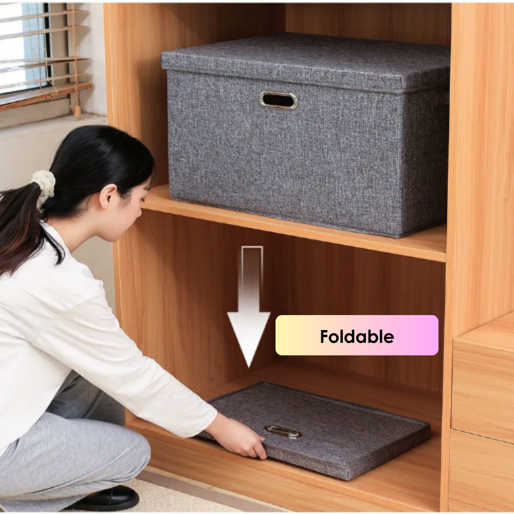 Fabric Storage Box with lid Foldable Organizer Box with handle Clothes ...