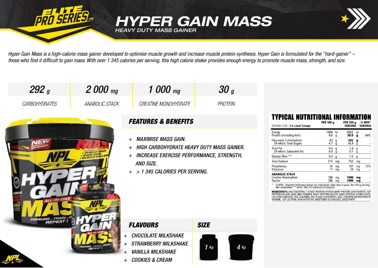 NPL Hyper Gain Mass Gainer (8.8lbs / 4kg) ALL IN ONE MASS GAINER / HIGH PROTEIN / PROTEIN WHEY ...