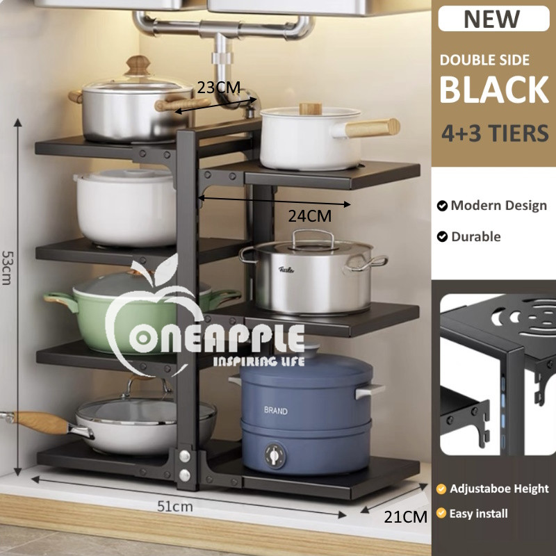 ONEAPPLE.MY Kitchen Pan Rack 3-4 Tiers Pot Rack Carbon Steel Adjustable ...