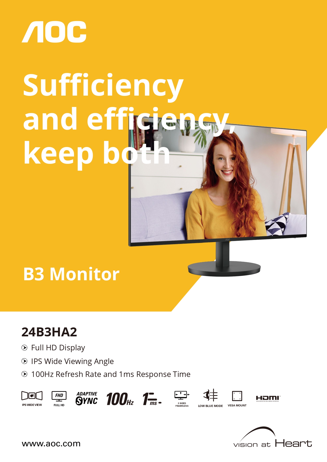 AOC 24B3HA2 23.8" MONITOR (23.8" IPS FHD / 1MS / 100Hz / ADAPTIVE-SYNC ...