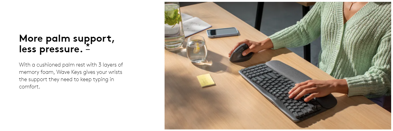 LOGITECH WAVE KEYS WIRELESS BLUETOOTH ERGONOMIC KEYBOARD WITH PALM REST ...