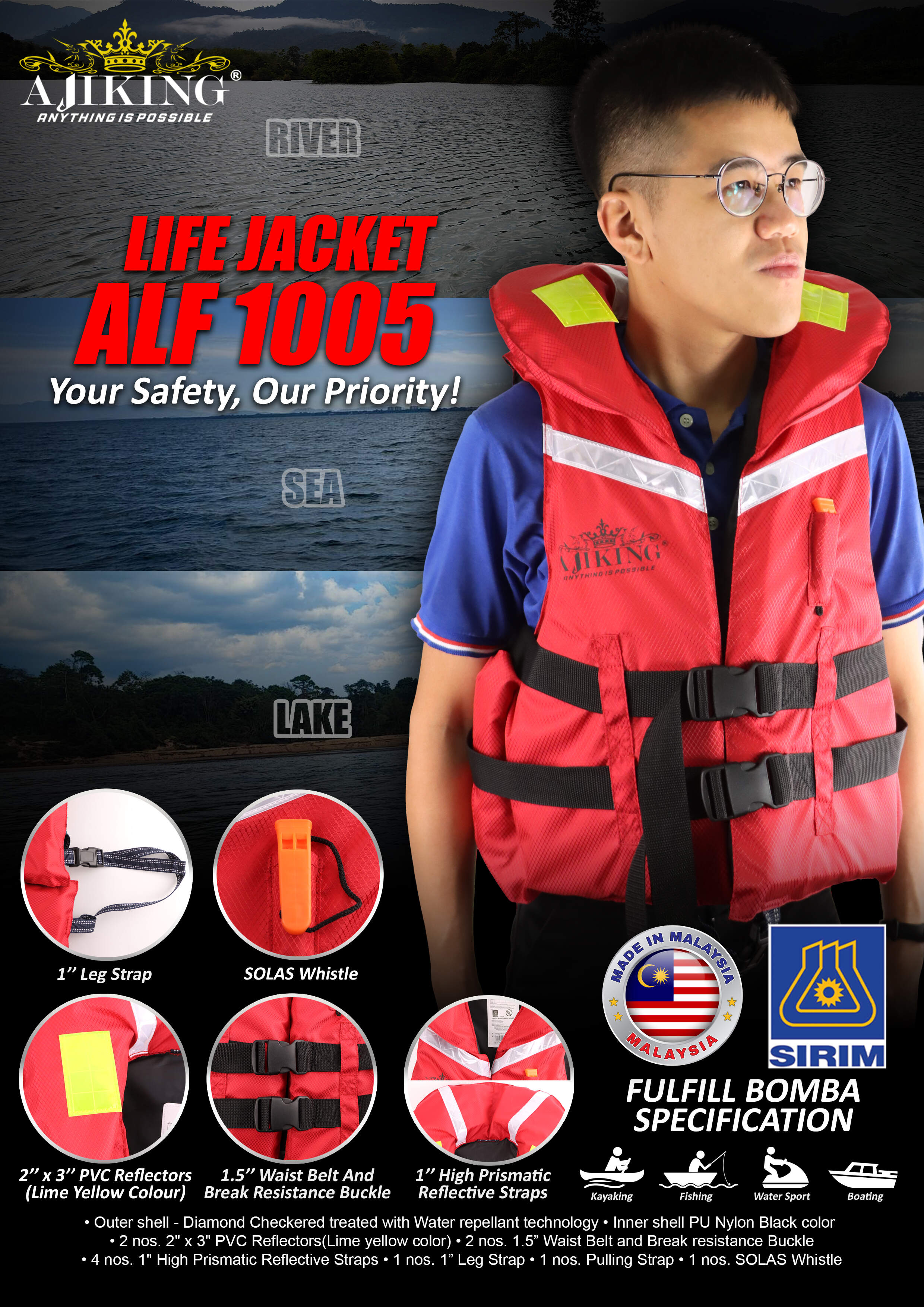 Ajiking Life Jacket ALF 1005 [WITH SIRIM] Vest Life Jacket Swimming ...