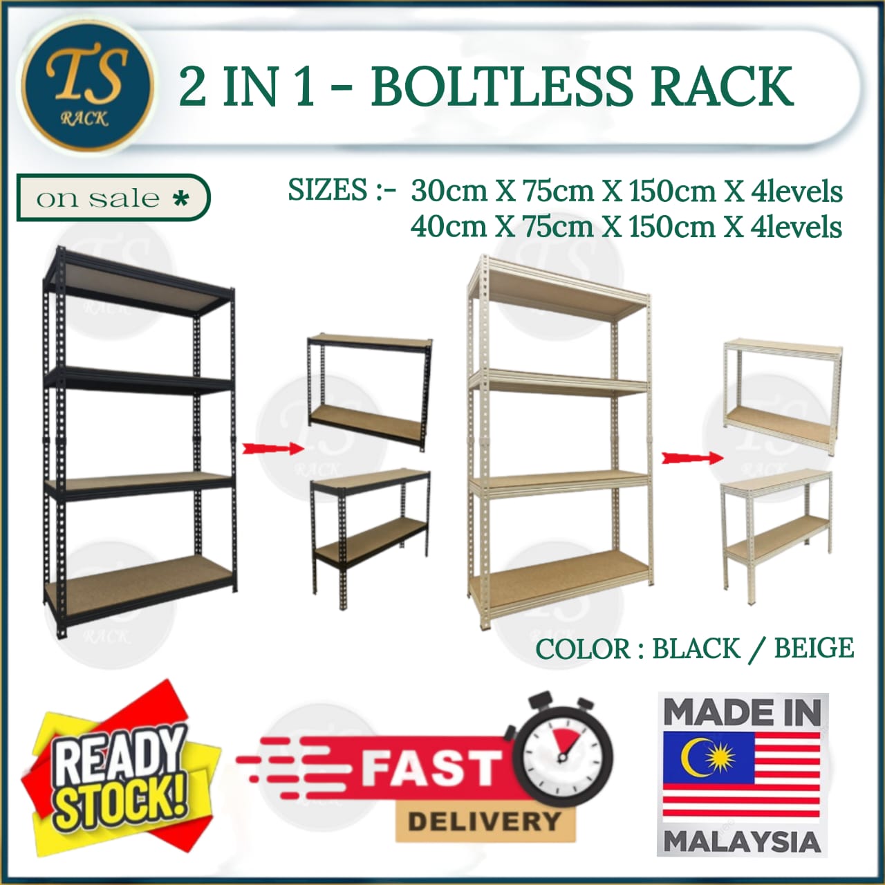 ☑️ 4 level 2 IN 1 BOLTLESS RACK☑️ 30cm x 75cm x 150cm 🖤🤍💎40cm x 75cm x ...