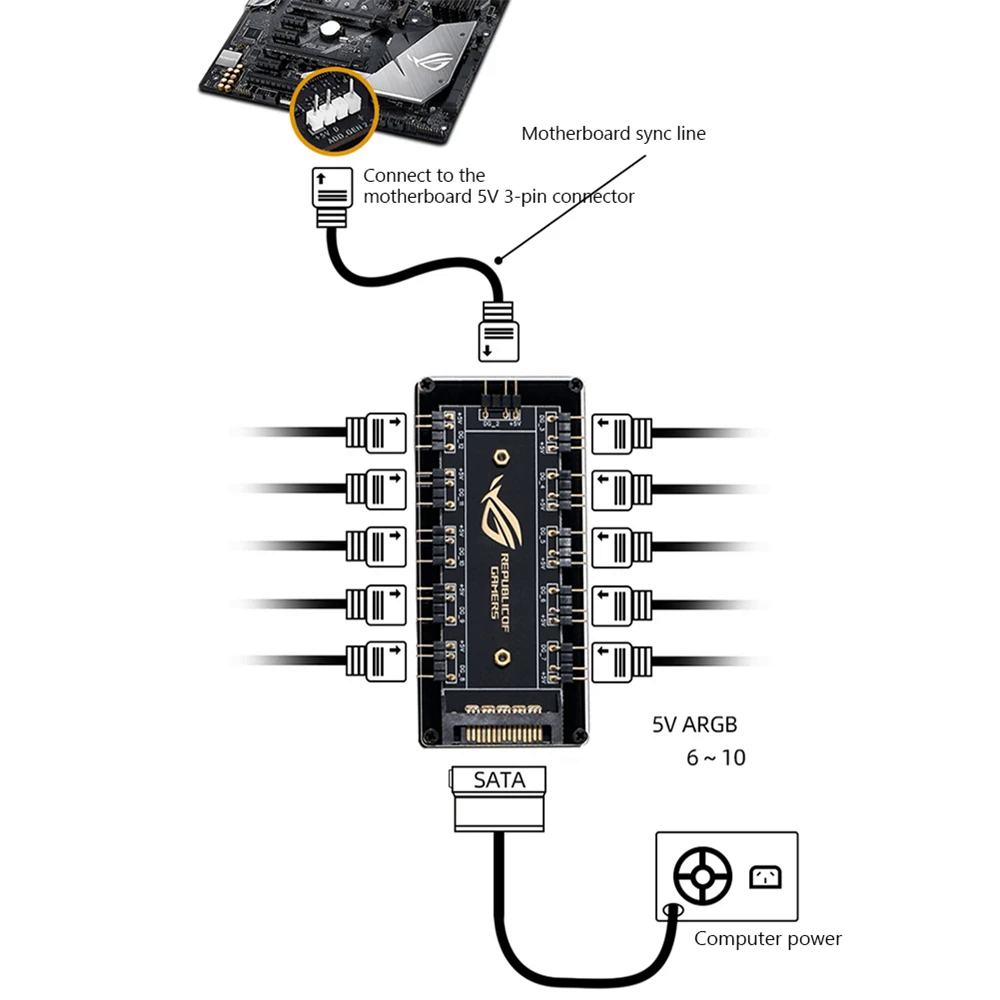 ARGB 5V3Pin Extender PC Mainboard 10 Hub Splitter Sata Power AURA SYNC ...