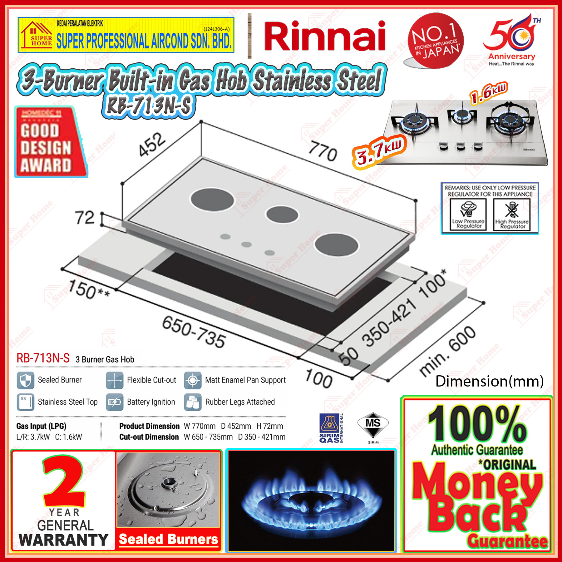 Rinnai Chimney Hood RH-C1159-PBW Cooker Hood / Rinnai Gas Hob RB-713N-S 3-Burner Built-in Gas ...