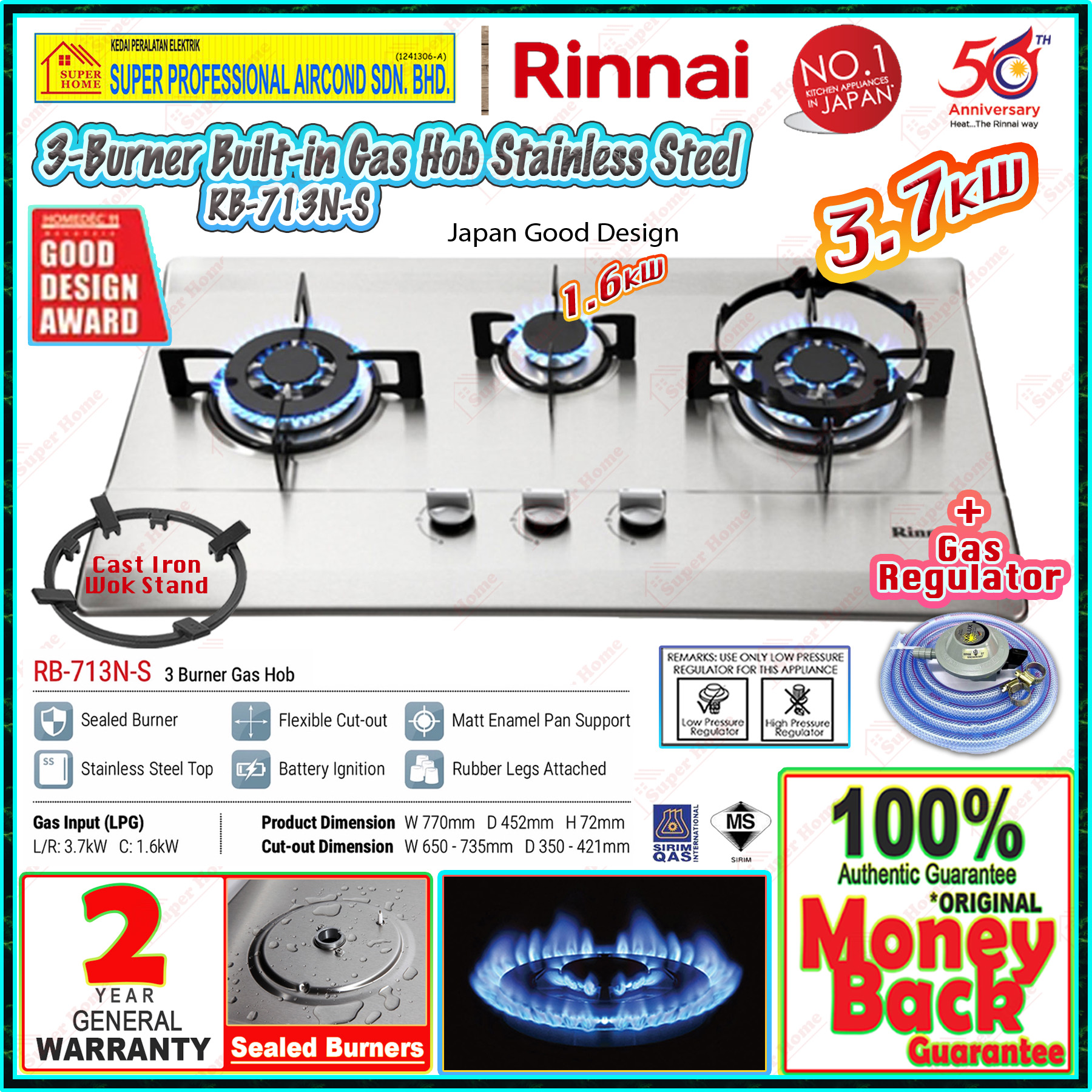 Rinnai Chimney Hood RH-C1159-PBW Cooker Hood / Rinnai Gas Hob RB-713N-S 3-Burner Built-in Gas ...