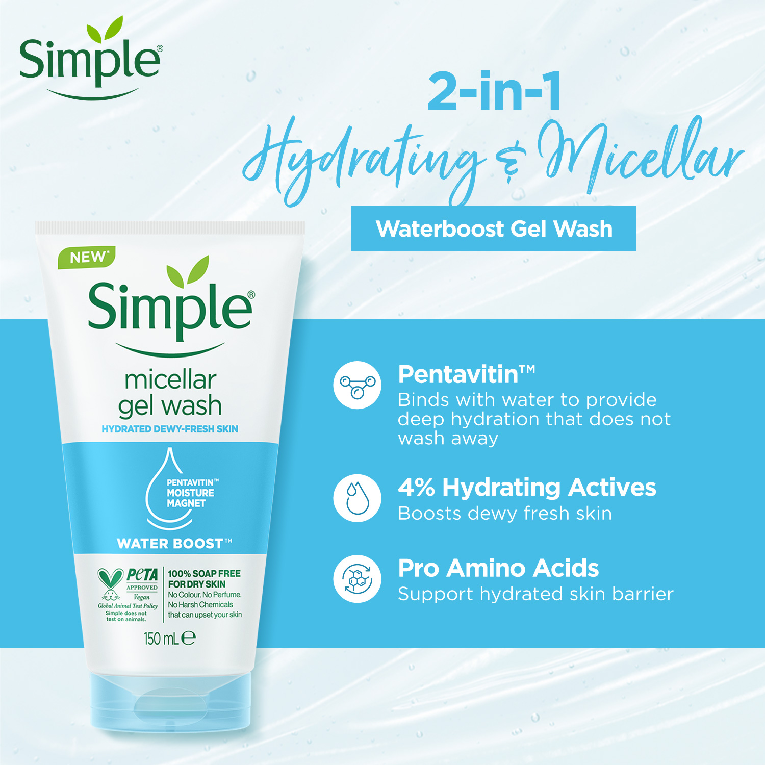 Simple Water Boost Micellar Gel Facial Wash For Hydration Suitable For ...