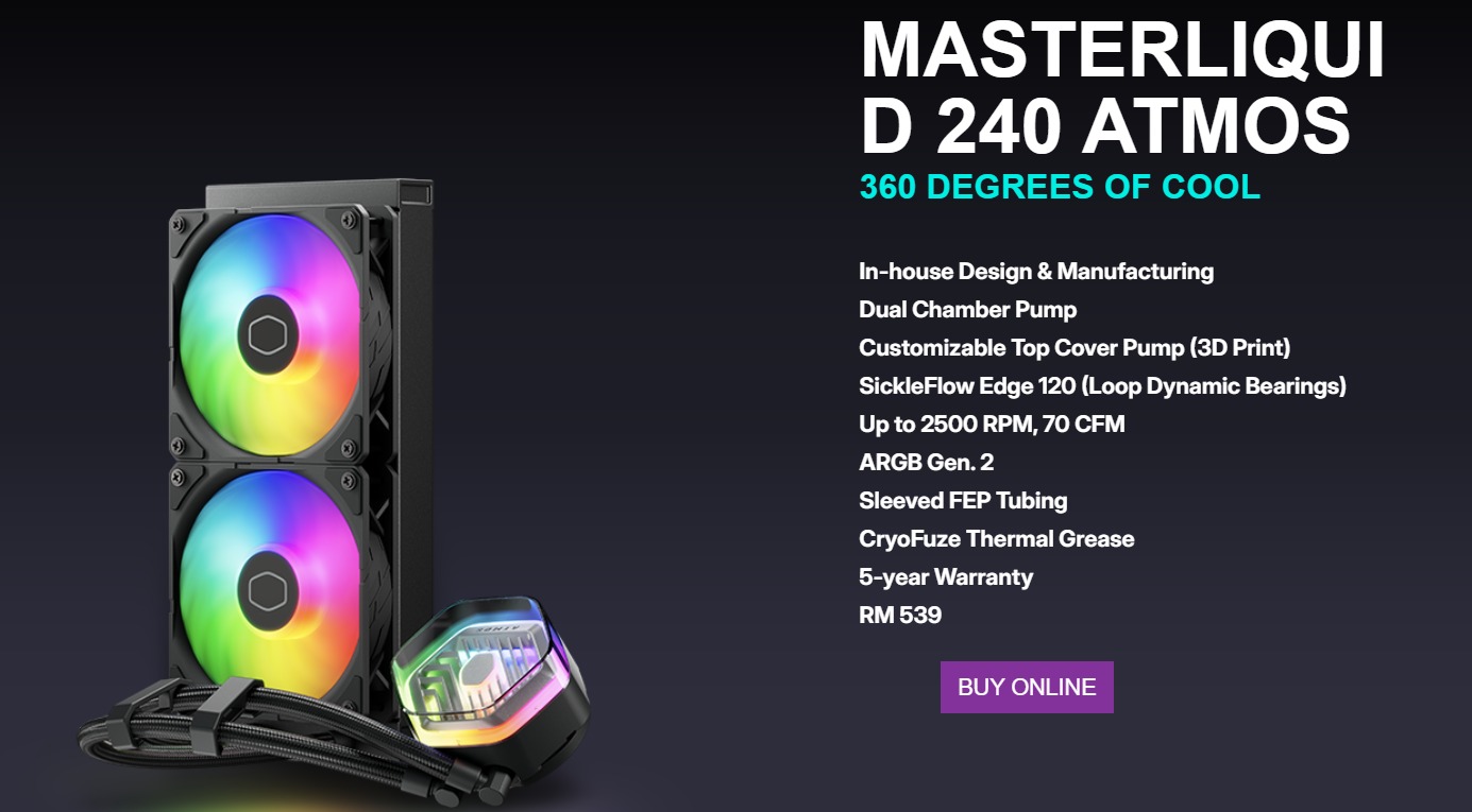 Cooler Master MASTERLIQUID 240 ATMOS AIO Water Cooler 240MM Liquid ...