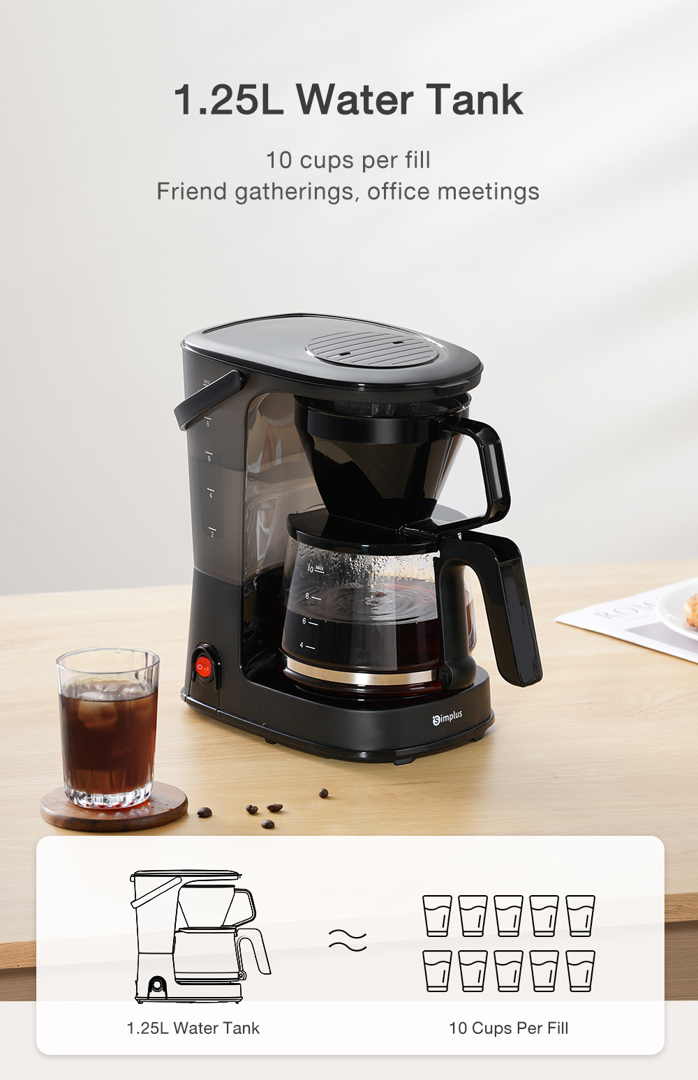 Simplus Dual Use Coffee Maker | 1.25L Capacity |10 Cups Auto Drip ...