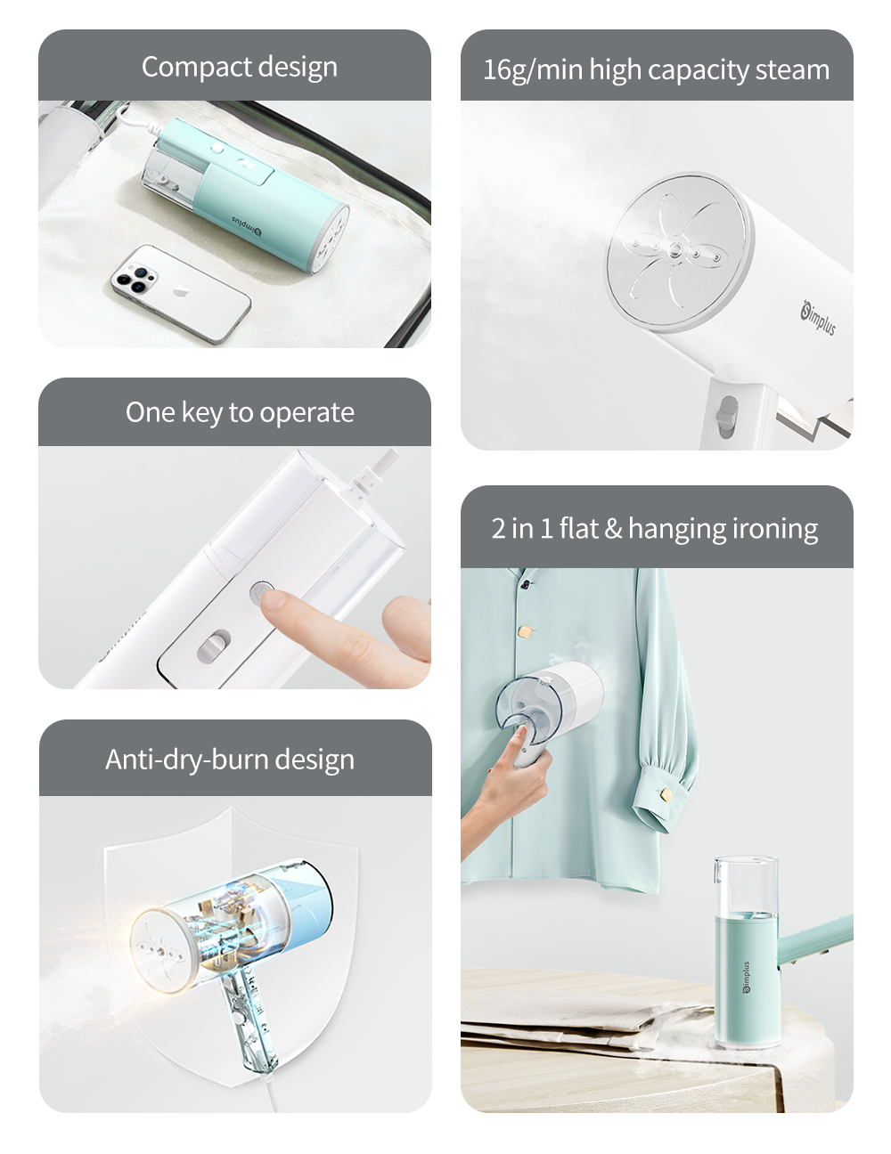 Simplus Portable Garment Steamer Iron 800W Steam Iron Foldable Steam ...