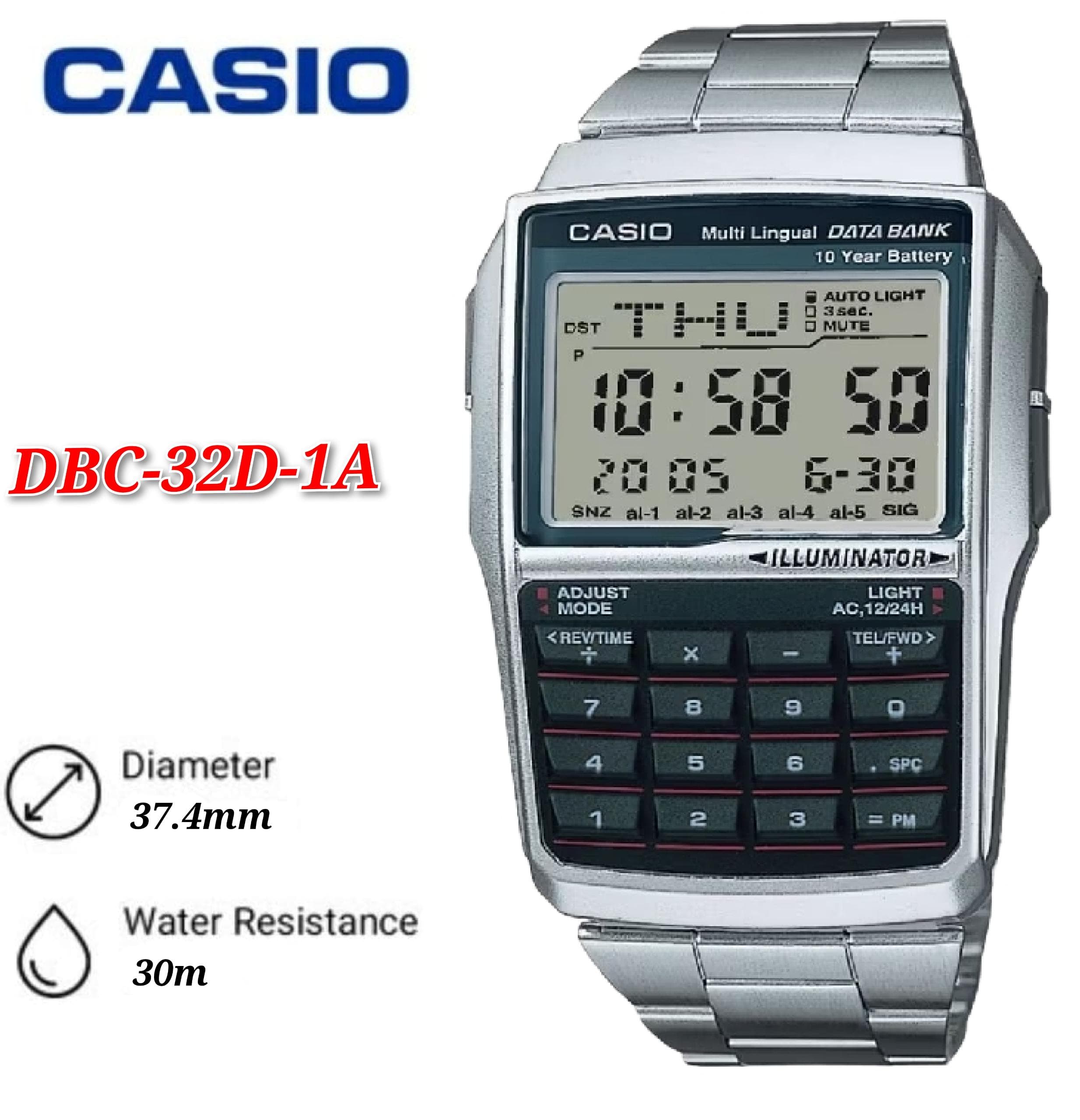 Casio Databank Men Digital Calculator Watch DBC-32D-1A Silver Stainless ...