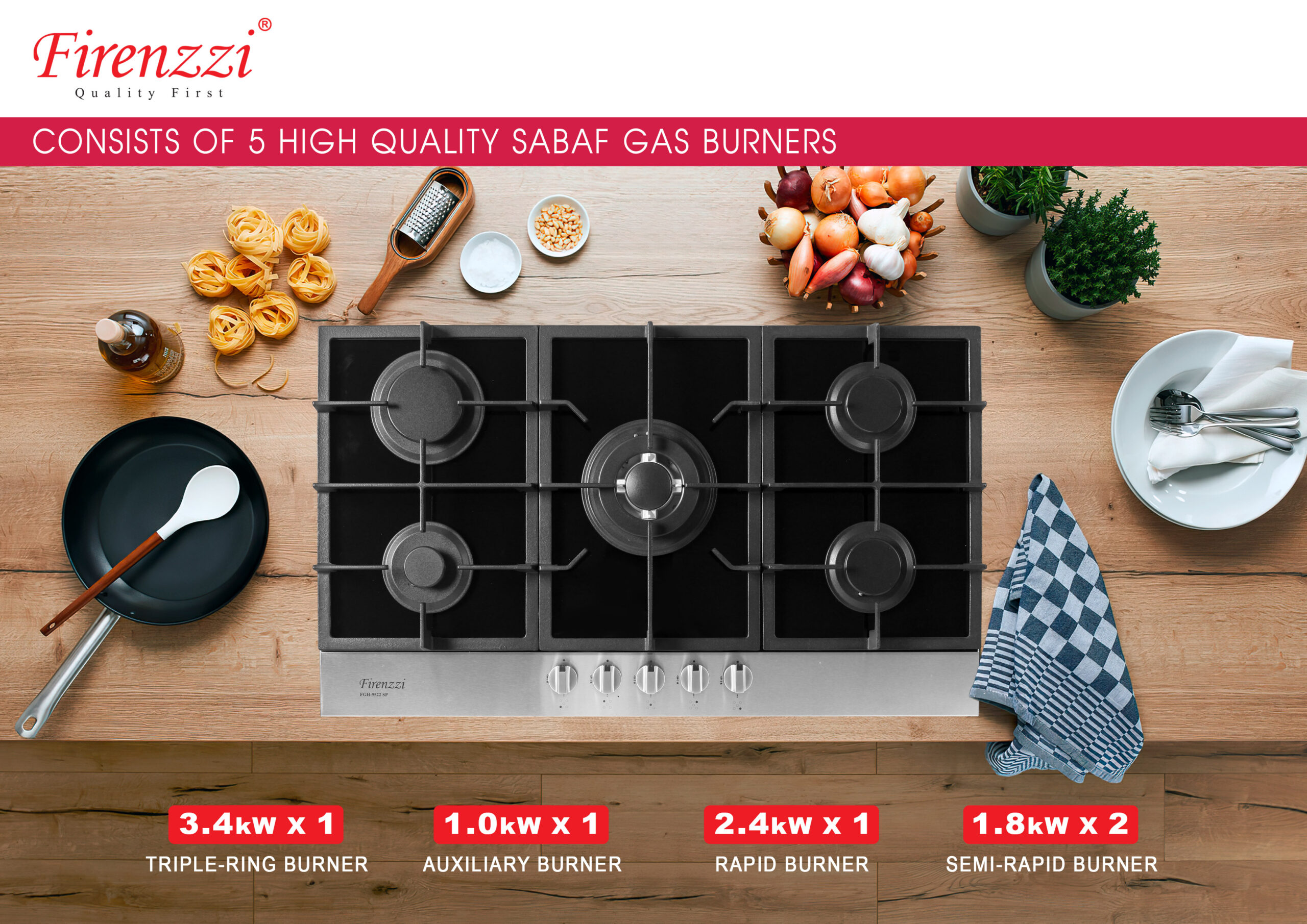 FIRENZZI 5 Burners Built In Gas Hob with Safety Device FGH-9522 SP ...