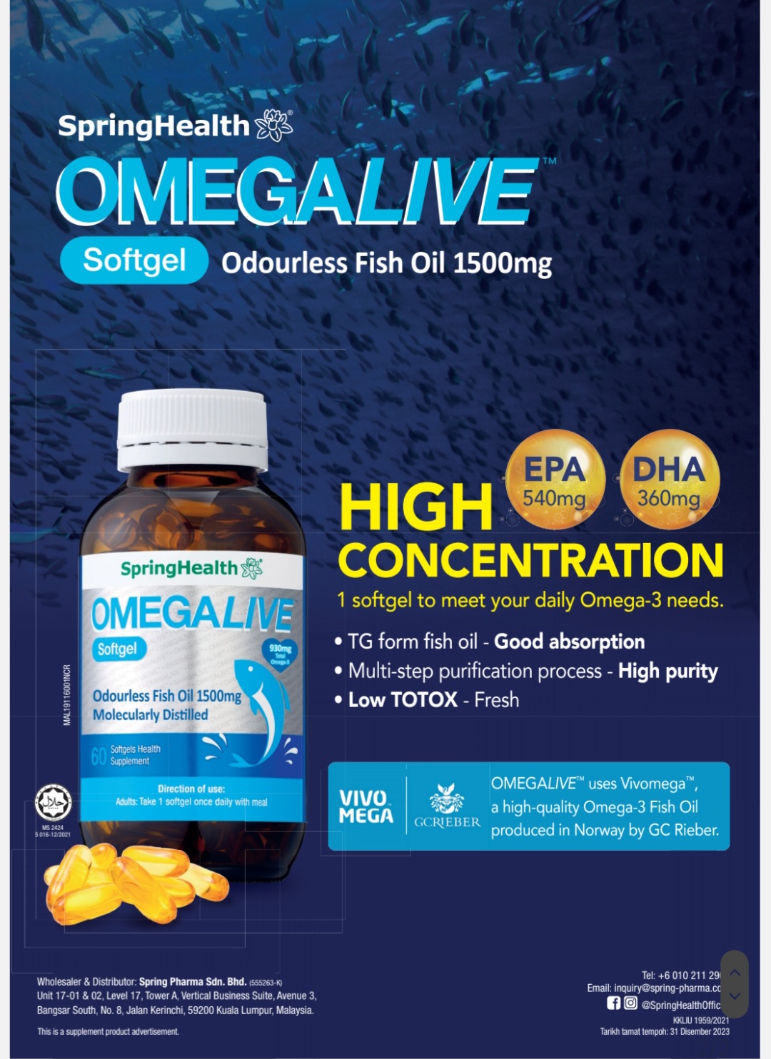SpringHealth Omegalive Odourless Fish Oil Softgel (high strength Omega 3, good absorption, high ...