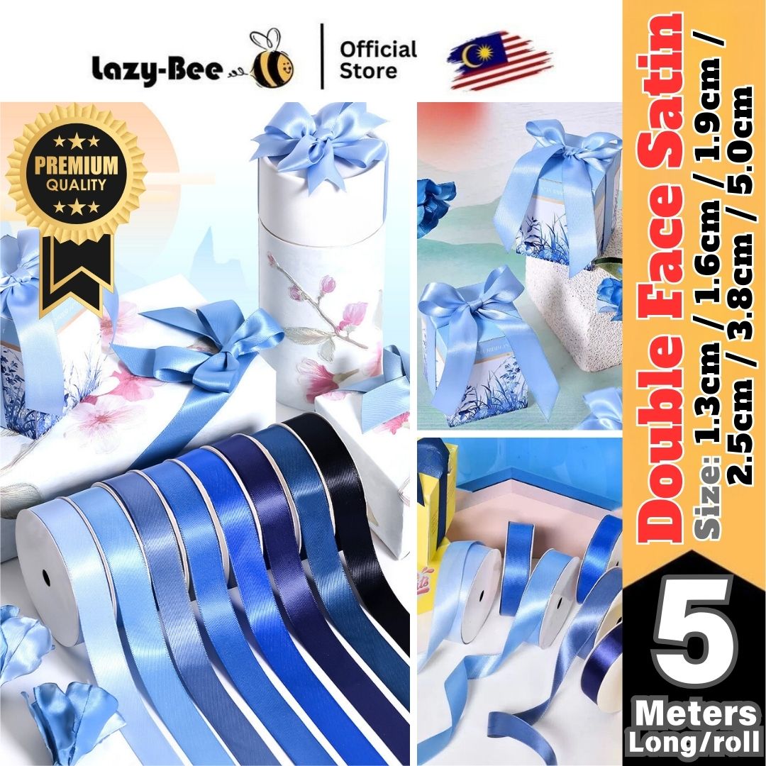 BLUE BIRU 2.5cm 3.8cm 5cm Premium Double Face Satin Ribbon Craft ...