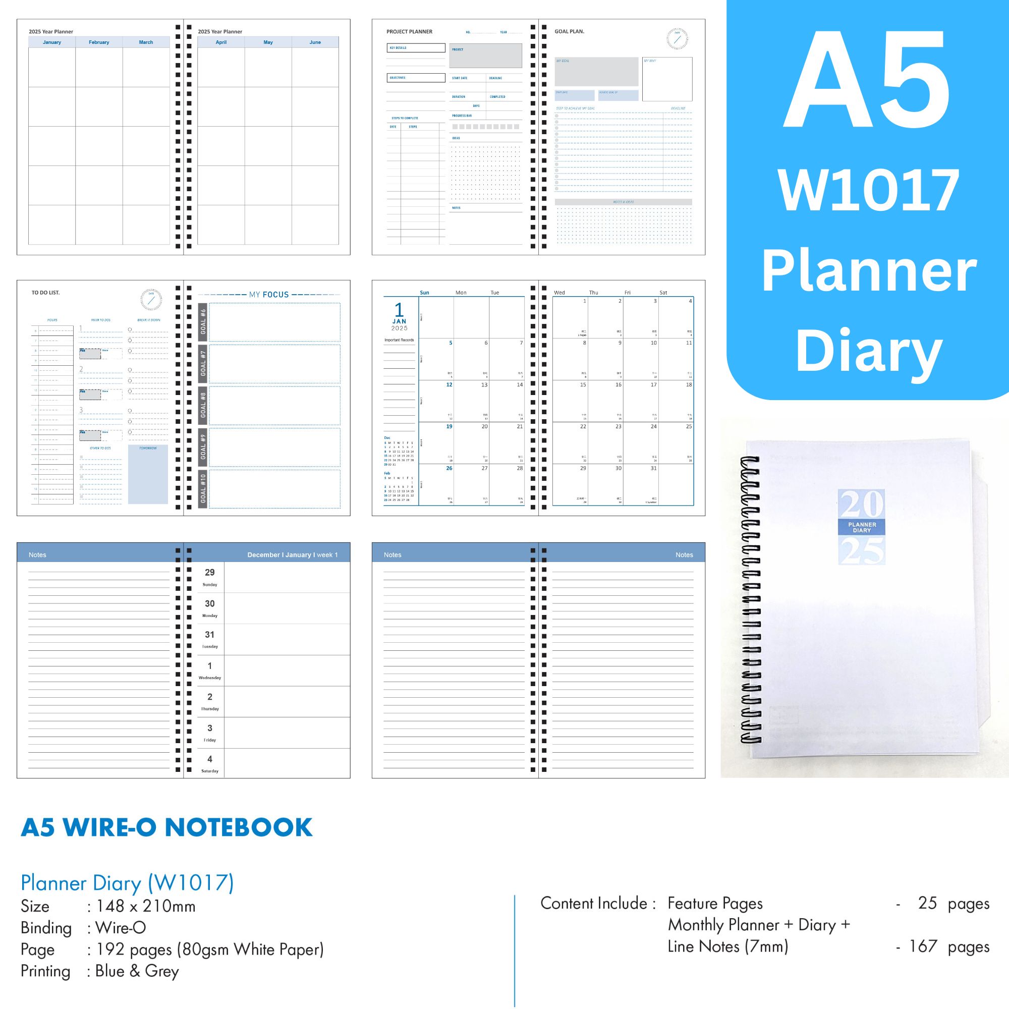 2025 Diary Planner A5 PU Leather W1003 Wire O Monthly Planner Notebook ...