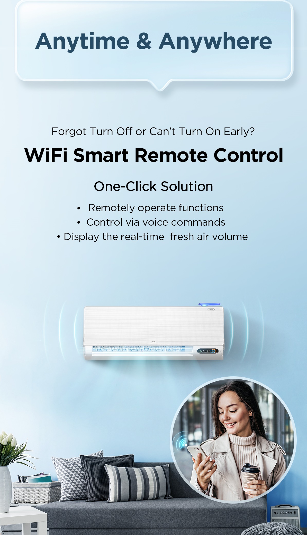 TCL 1.0HP Inverter Air Conditioner 2-Way Fresh Air, Smart Control, 5 ...