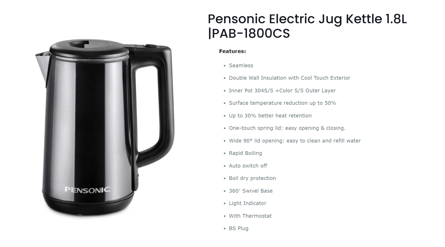Pensonic Electric Jug Kettle Stainless Steel 1.8L Cerek Elektrik PAB ...