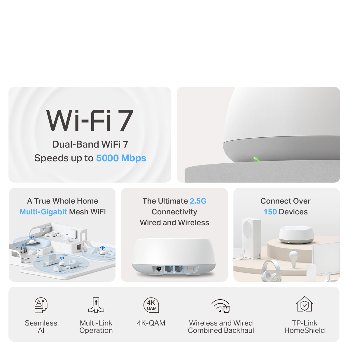 TP-Link BE5000 WiFi 7 Whole Home AI-Driven Mesh WiFi Router with ...