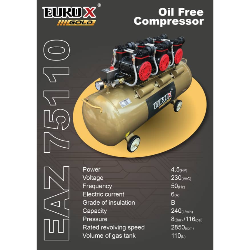 EUROX Oil Less & Silent Type Air Compressor Kompresor Senyap 4.5HP 110Litre (EAZ75110) | Shopee ...