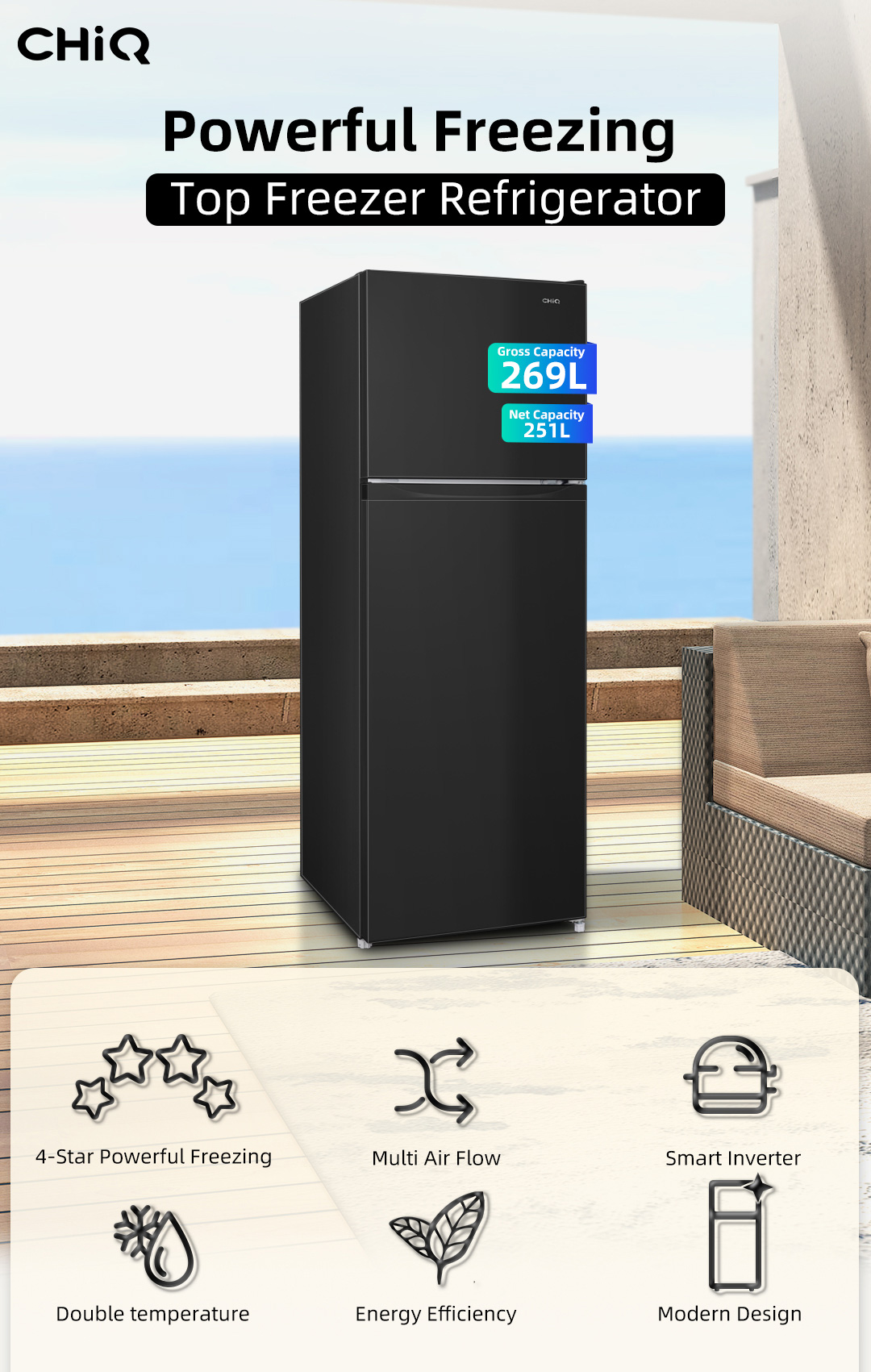 CHiQ Two Doors 269L CTM251N Top-mounted Nofrost Inverter refrigerator 4 ...
