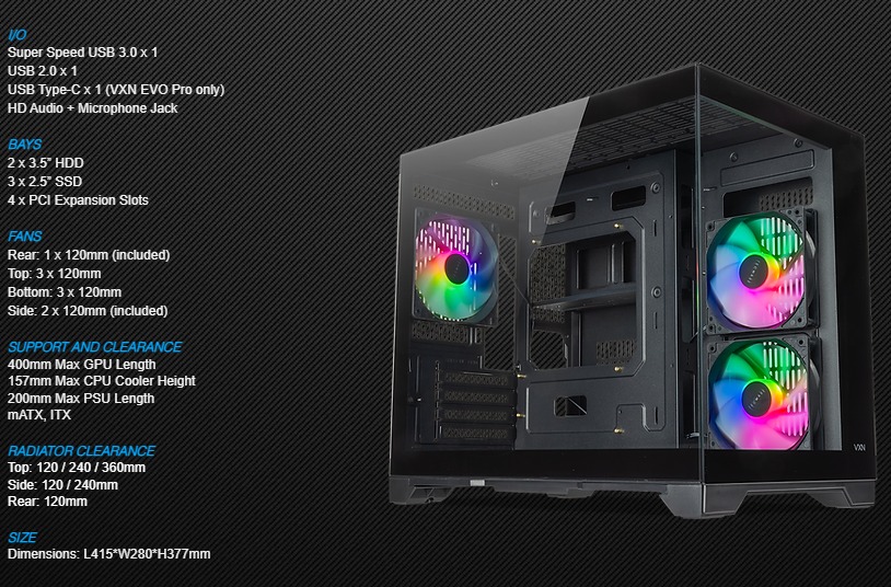 Tecware VXN EVO OMNI DUAL CHAMBER ARGB Black MATX Gaming PC Casing Case ...