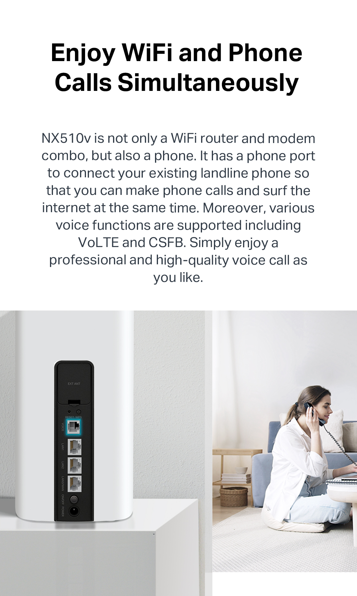 TP-Link NX510v AX3000 5G WiFi 6 Router Dual Band Full Gigabit Ports with VoLTE / CSFB Telephony ...