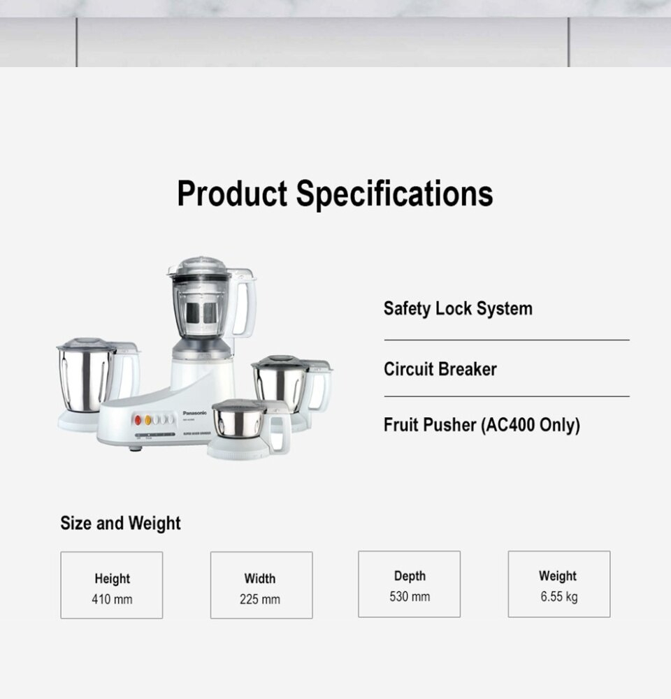 Panasonic MX-AC400 Mixer Grinder 4 Jars (1000W) MX-AC400TSK Fruit ...
