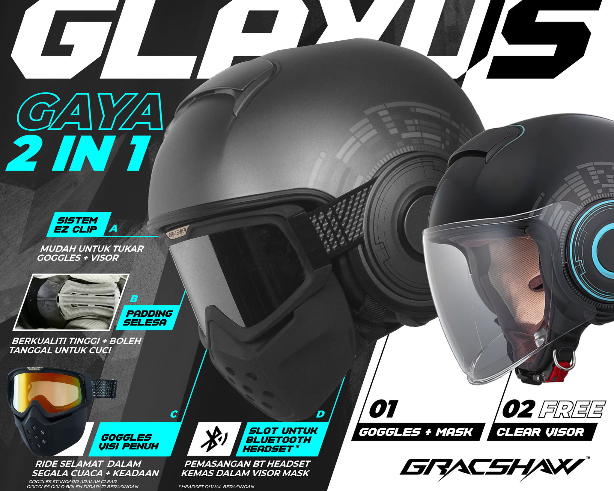 Gracshaw Glaxus G828 G-Wave with Free Smoke Goggle Mask Open Face Helmet For Scooter Cafe Racer ...